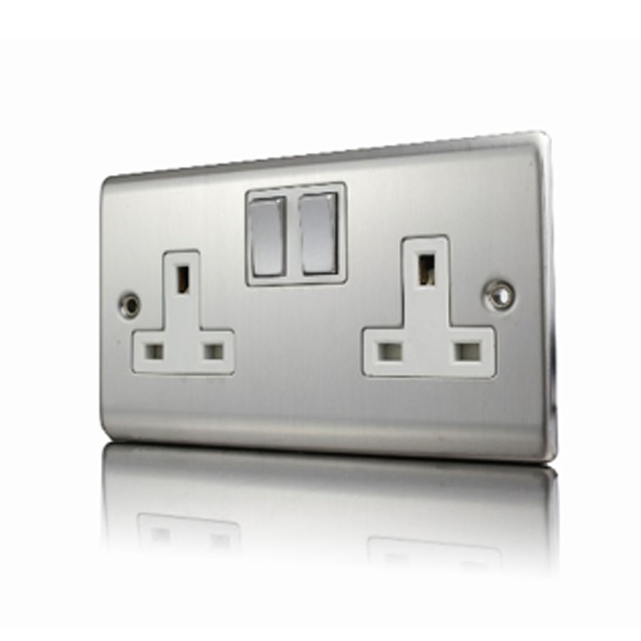 Premspec 2G 13A DP Switched Socket Satin Steel White Insert | STA Group